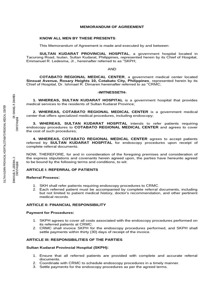 MEMORANDUM OF AGREEMENT SKPH and CRMC | PDF | Justice | Crime & Violence