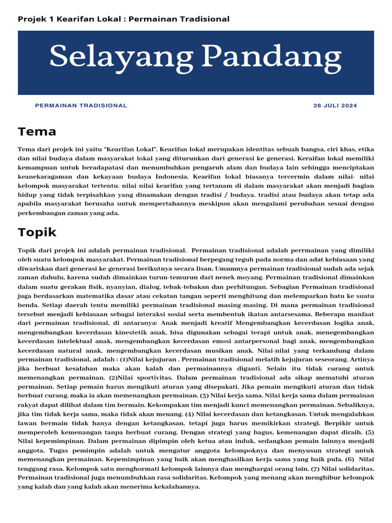 Selayang Pandang P5 Permainan Tradisional | PDF