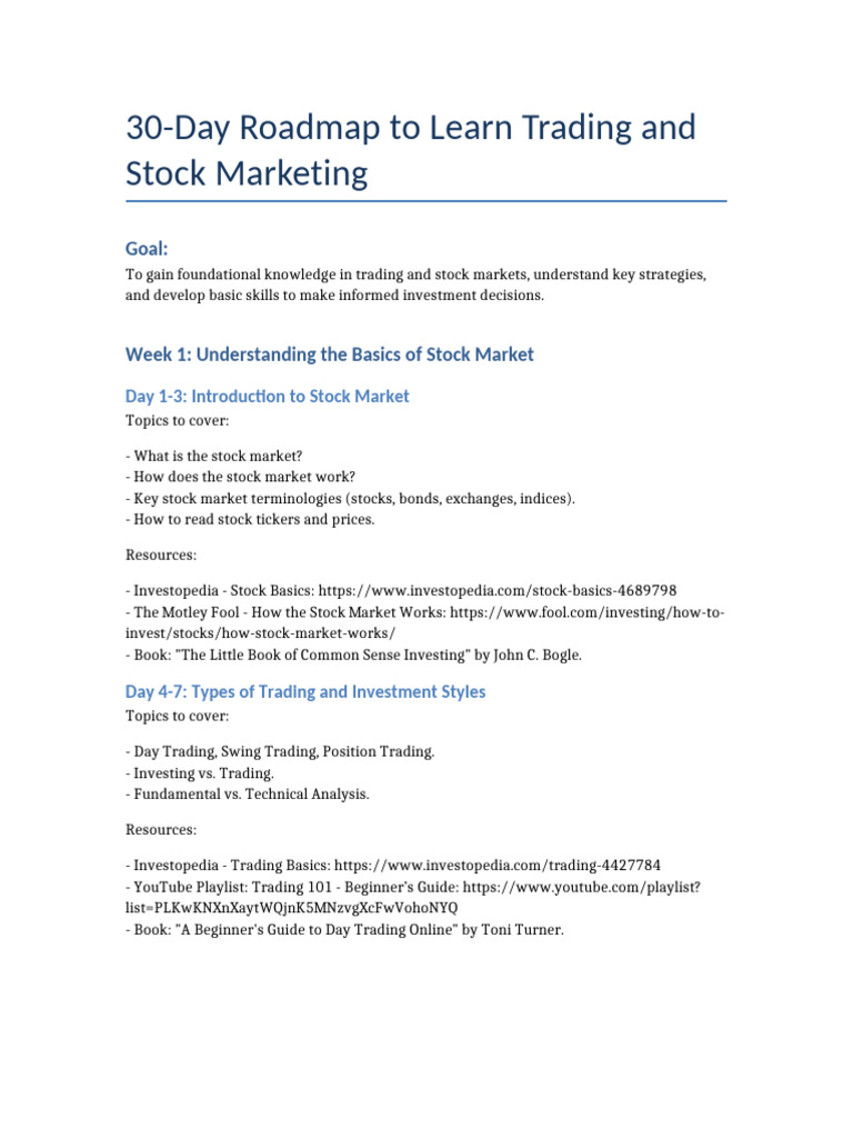 30-Day Roadmap To Learn Trading and Stock Marketing | PDF | Technical ...