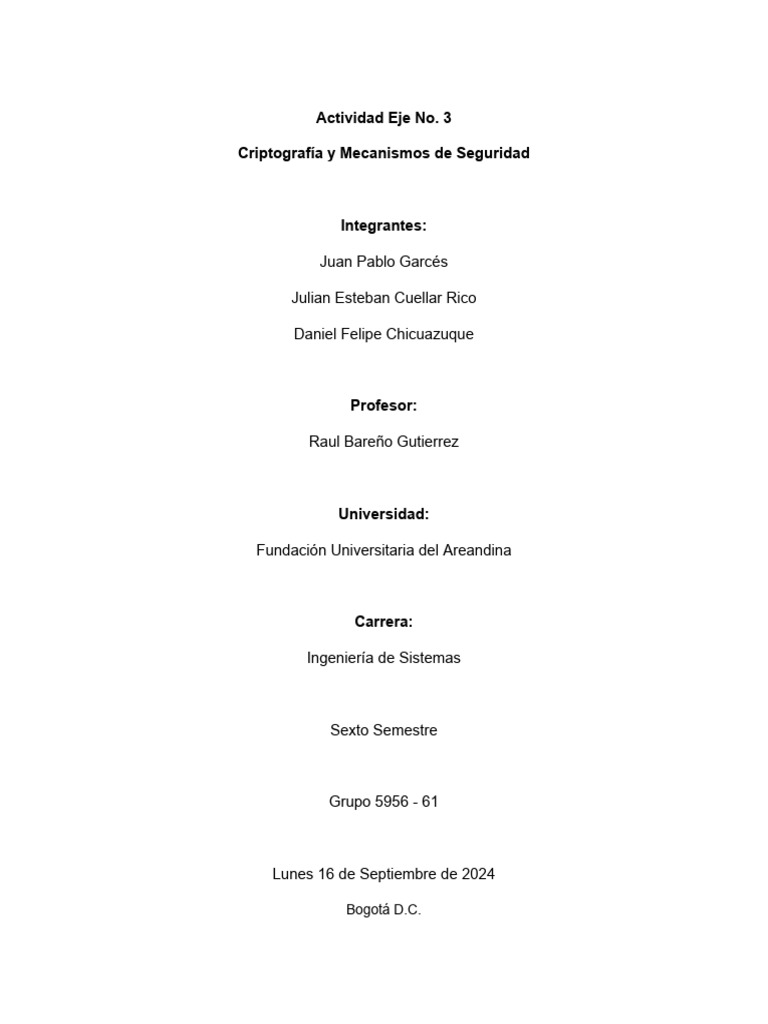 Actividad Eje N°3 - Criptografía | PDF | Cifrado | Criptografía