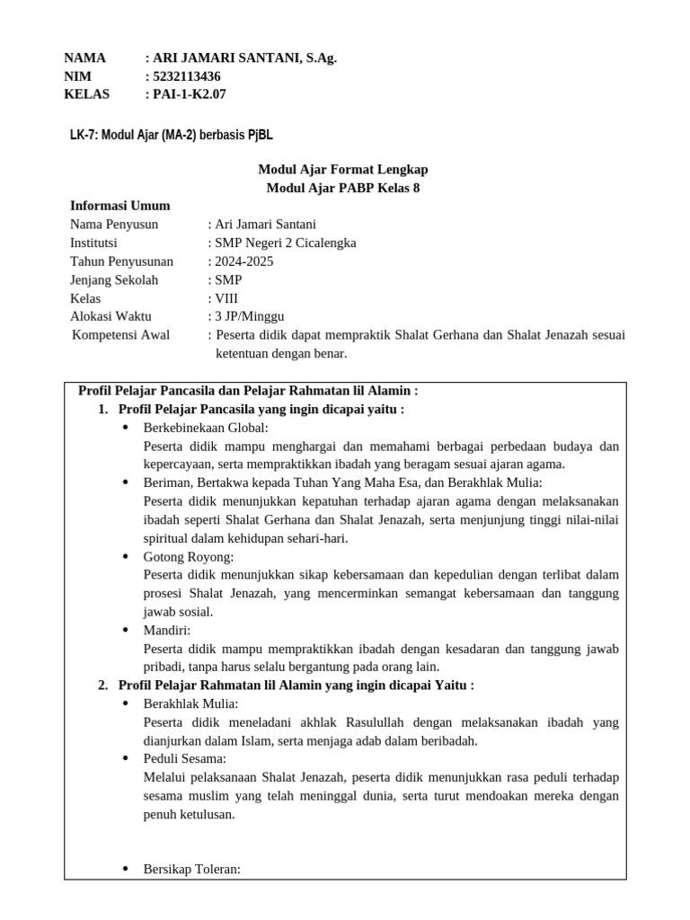 LK.7 Modul Ajar (MA-2) Berbasis PJBL (Pilihan 1 Dan 2) | PDF | Karier & Perkembangan