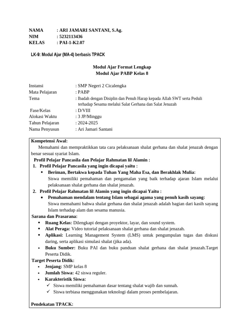 LK.9 Modul Ajar (MA-4) Berbasis TPACK Pilihan 1 Dan 2 | PDF