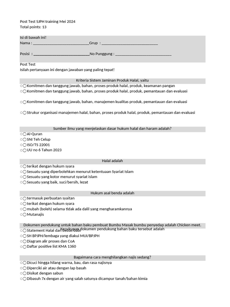Contoh Post Test Training Halal | PDF | Bisnis