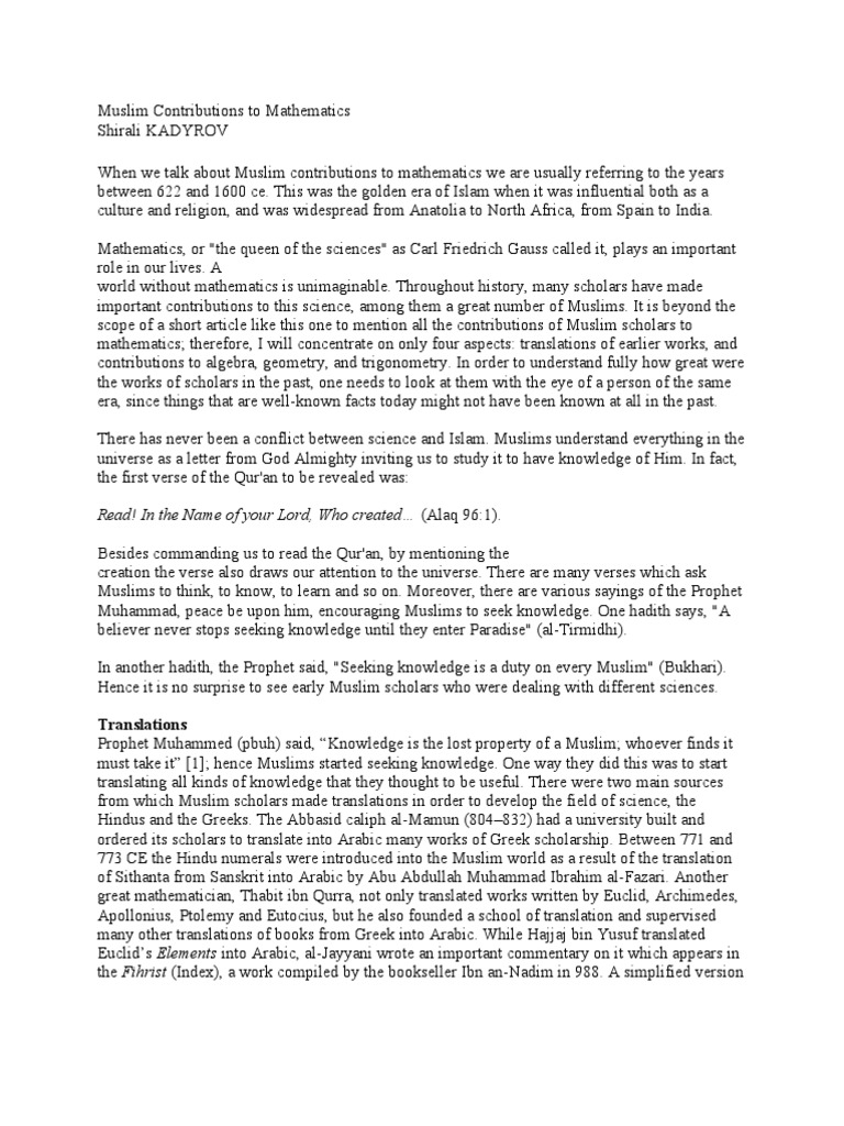 Muslim Contributions To Mathematics | PDF | Trigonometric Functions ...