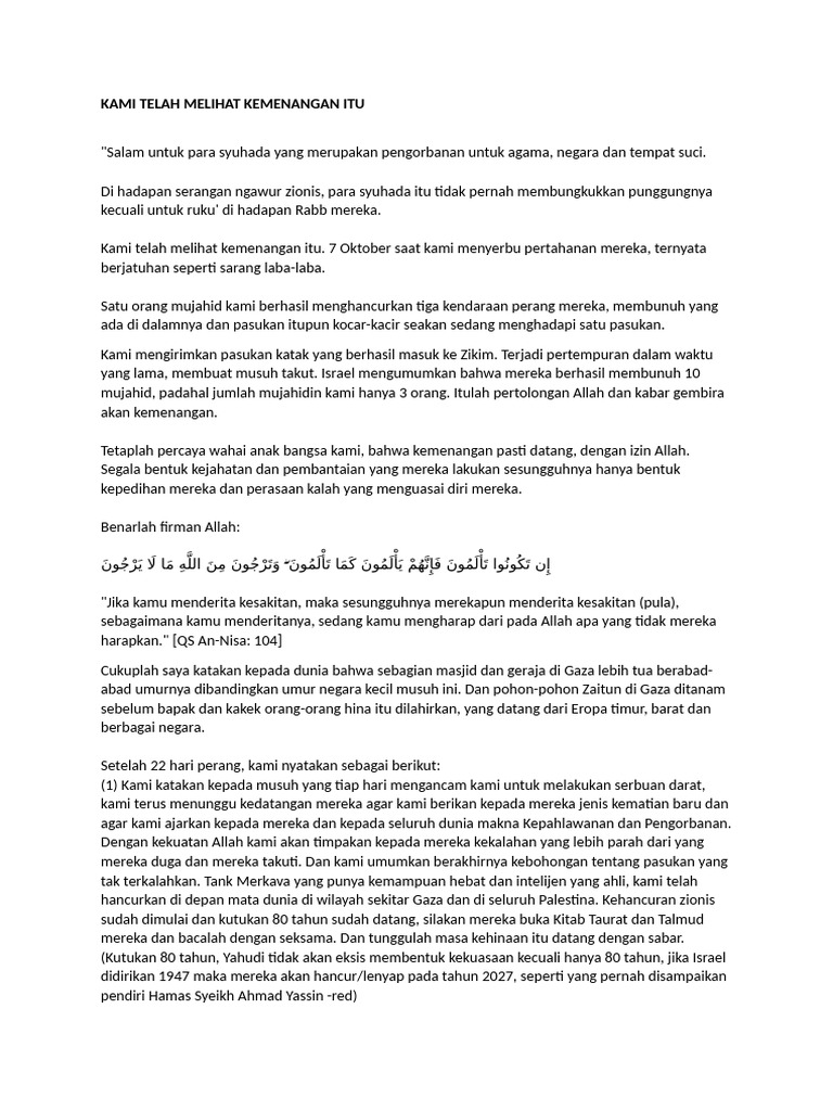 KAMI TELAH MELIHAT KEMENANGAN ITU (Abu Ubaida Speech) | PDF