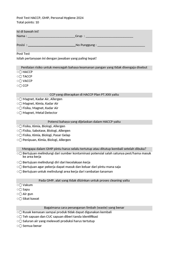 Contoh Post Test Training HACCP | PDF