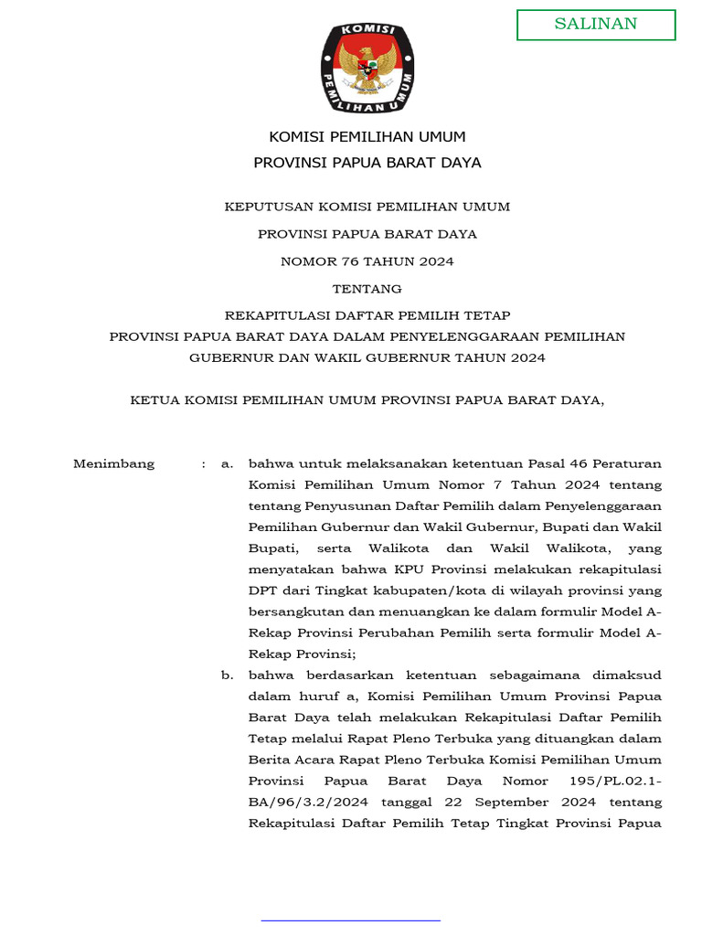 Kep Kpu Prov. PBD Nomor 76 Tahun 2024 Tentang Rekapitulasi DPT Prov Papua Barat Daya Dalam ...