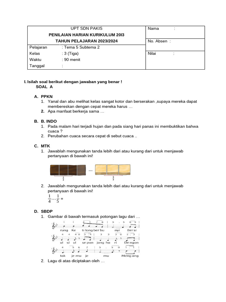 Soal PH Ki-3 Kelas 3 Tema 5 Sub 2 | PDF