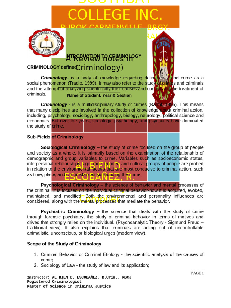 CRIM 1-INTRODUCTION TO CRIMINOLOGY, Notes | PDF | Criminology | Crimes