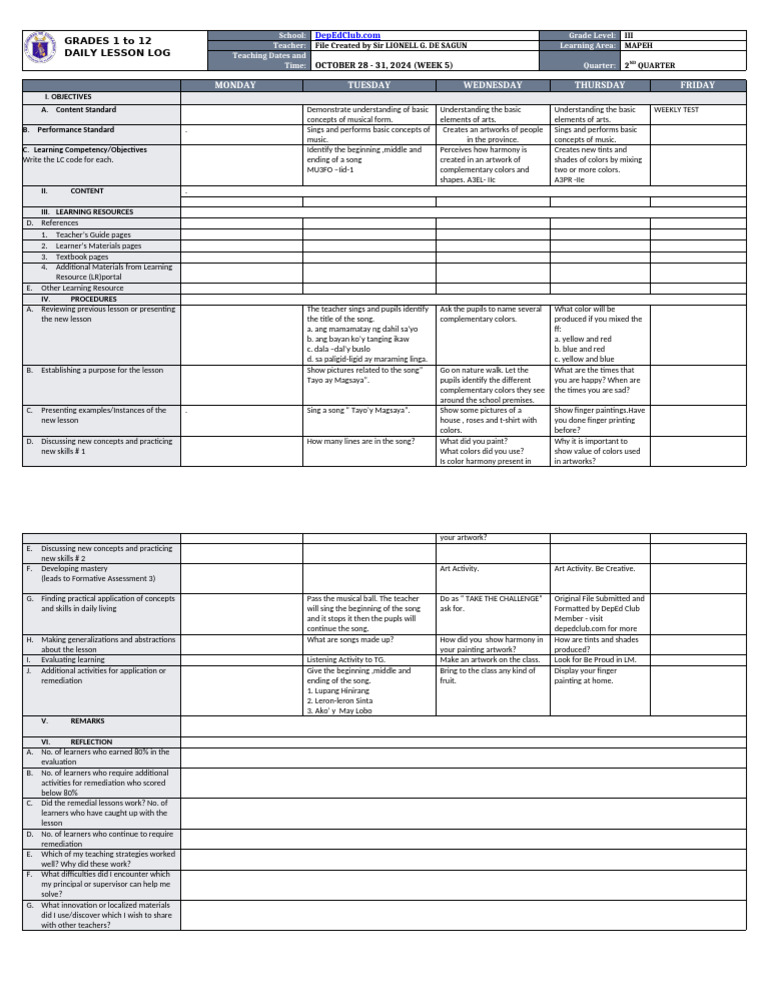 DLL - Mapeh 3 - Q2 - W5 | PDF | Cognitive Science | Behavior Modification