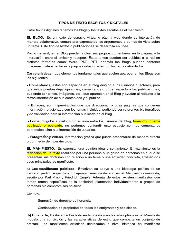 Tipos de Texto Escritos y Digitales | PDF | Blog | Hipervínculo