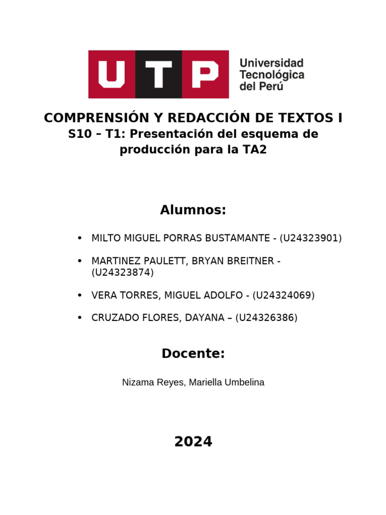 S10 - T1 Presentación Del Esquema de Producción para La TA2 | PDF | Medicina