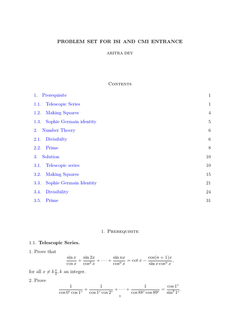 ISI and CMI Entrance Problem Set | PDF | Pi | Trigonometric Functions