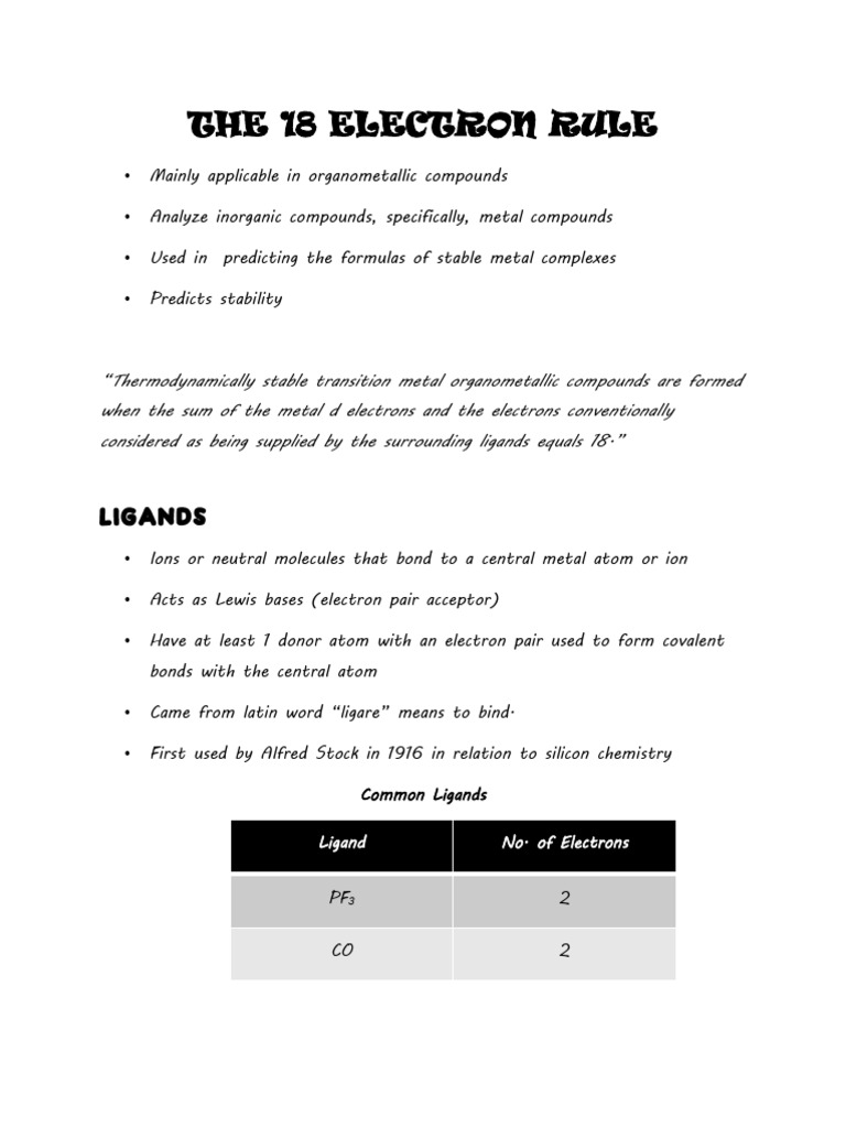 The 18 Electron Rule Handout | PDF | Ligand | Chemical Compounds