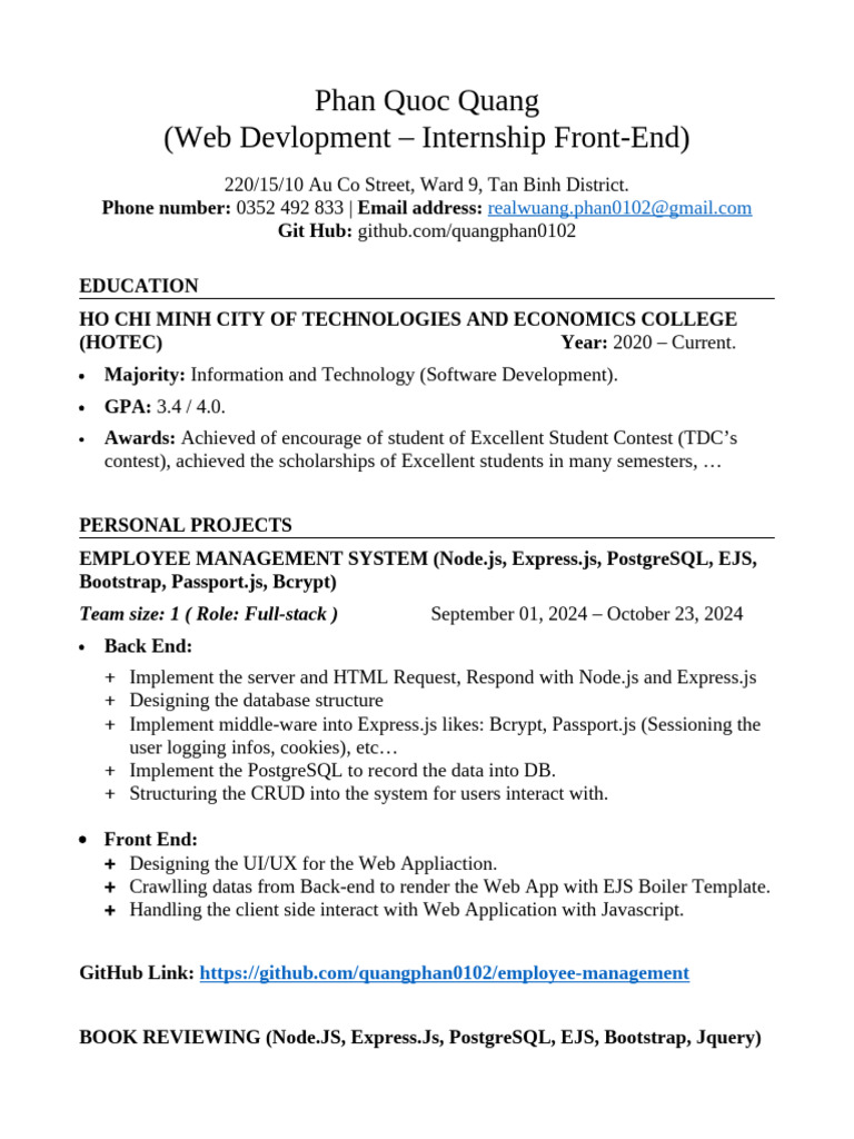 QuangPhan-CV | PDF | Bootstrap (Front End Framework) | J Query
