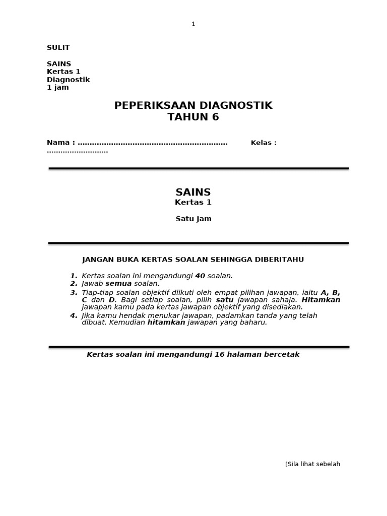 Ujian Diagnostik Tahun 6 Sains K1 Pdf