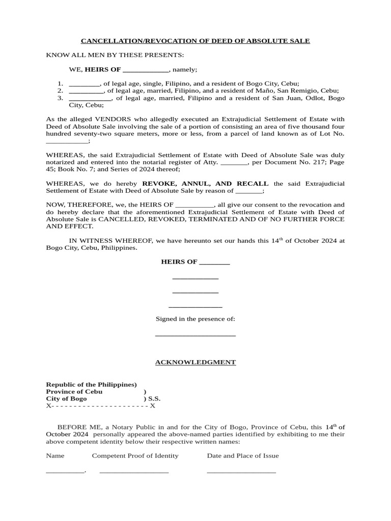 Sample CANCELLATION:REVOCATION OF DEED OF SALE | PDF | Property Law ...
