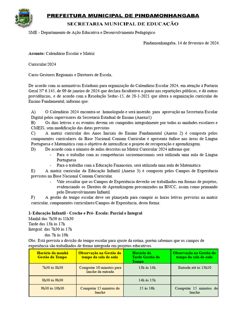 Pinda Orientacoes - Calendario - e - Matriz - Curricular - 2 | PDF ...
