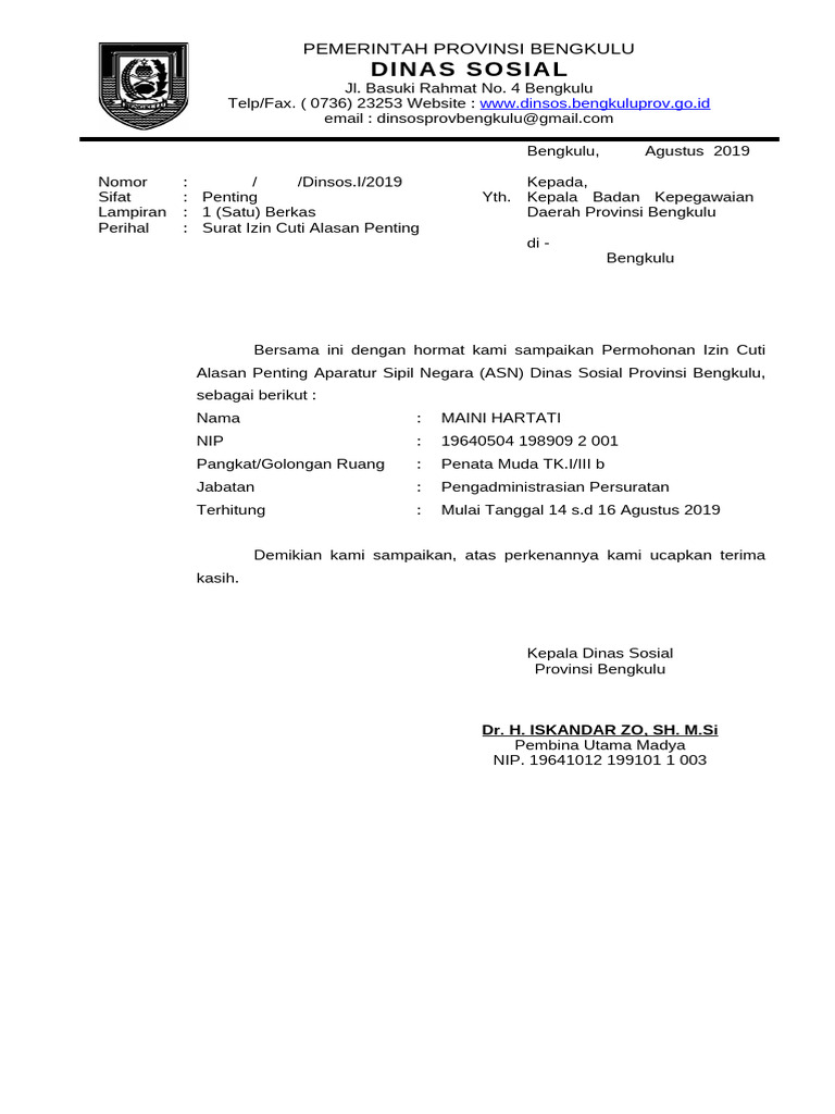 Permohonan Izin Cuti ASN Bengkulu | PDF