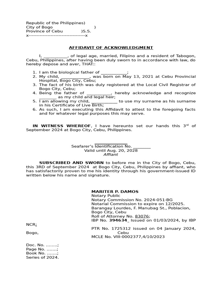 Sample Deed of Acknowledgment Legitimation | PDF