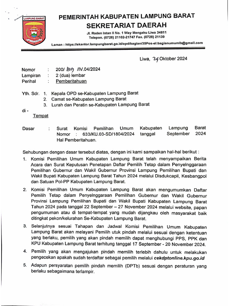 Pemberitahuan Persyaratan Pemilih Pindah Memilih (DPTB) | PDF