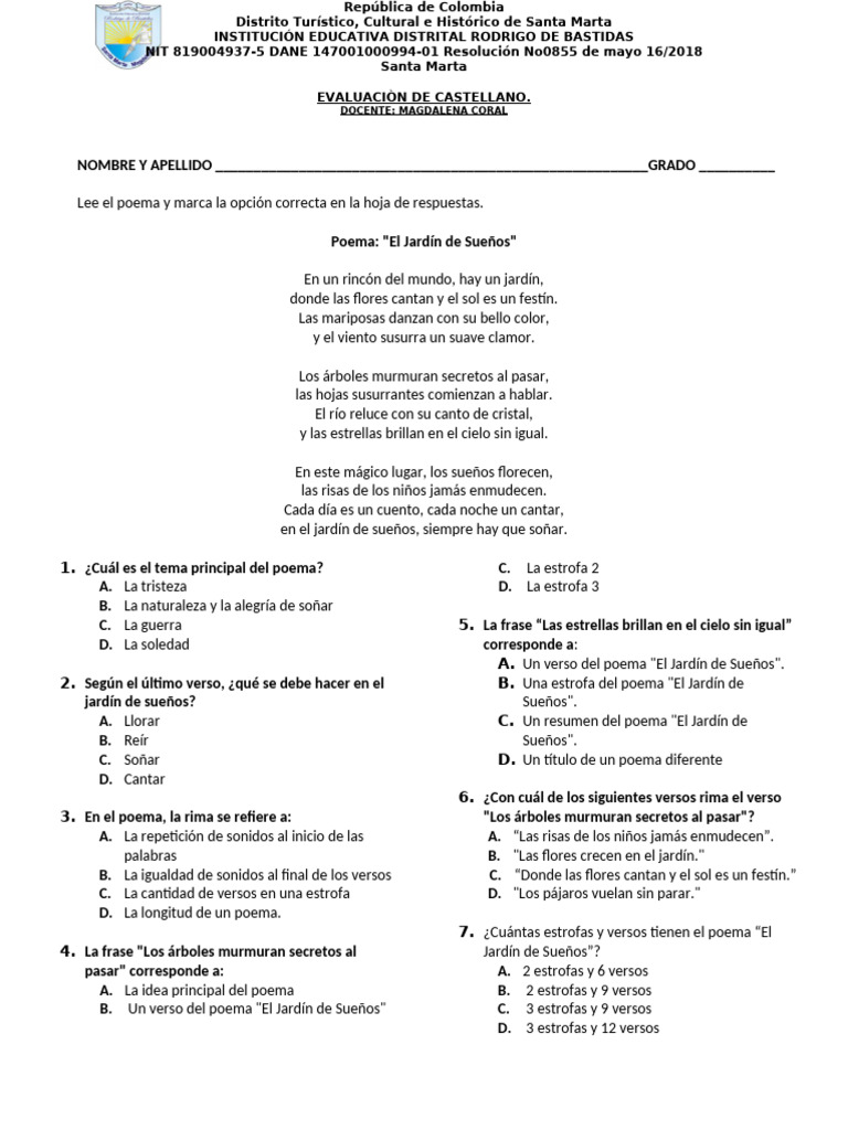 Evaluación de Castellano para Estudiantes | PDF | Poesía