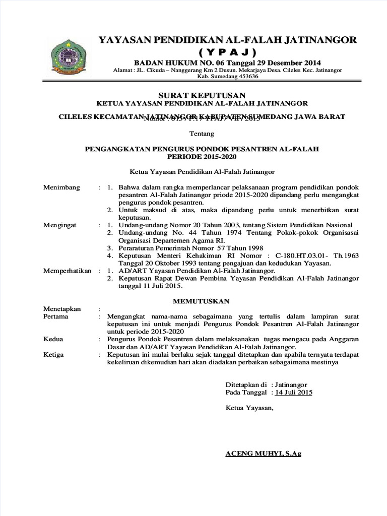 SK Pimpinan Dan Pengurus Pondok Pesantren | PDF