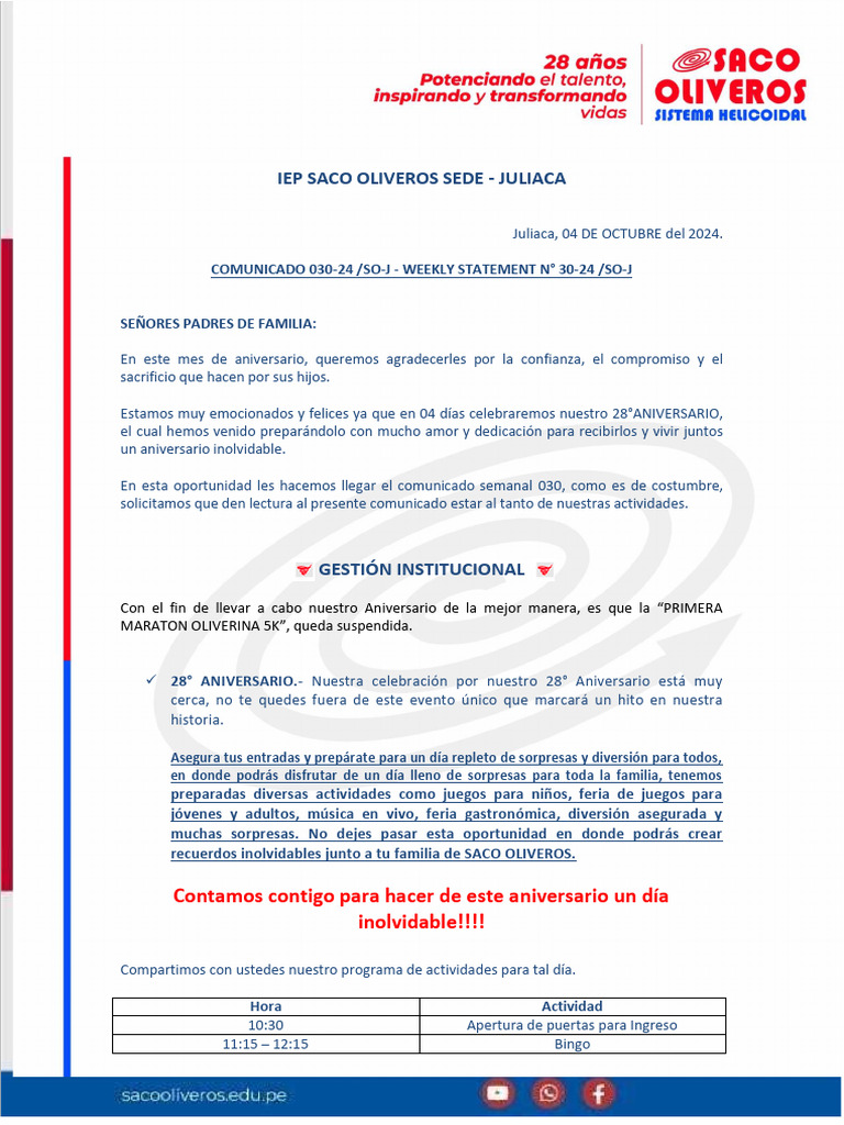 COMUNICADO SO - 030 - 2024-1 | PDF