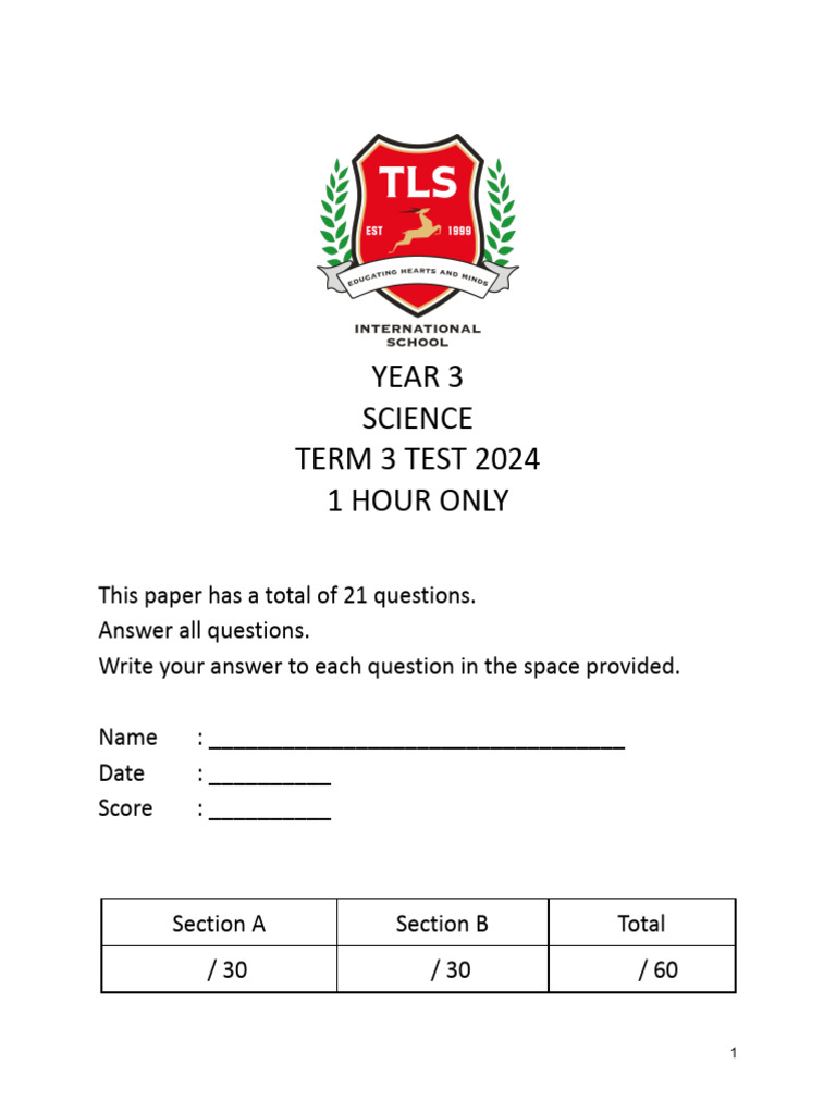 Year 3 Science Term 3 Test 2024 | PDF | Art | Science & Mathematics