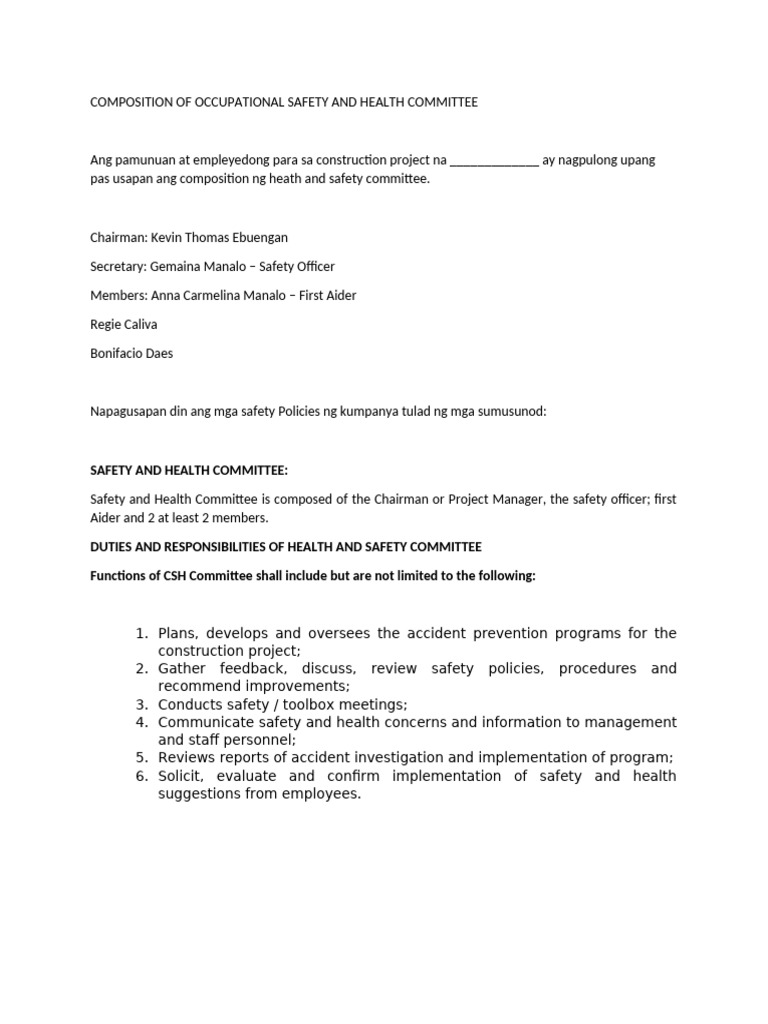 Composition of OSH Committee | PDF | Personal Protective Equipment ...