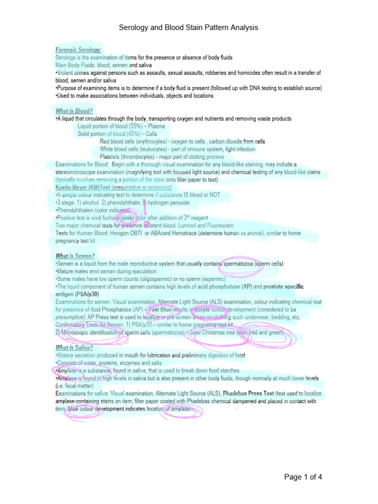 Week 4 Lecture Notes - Serology and Bloodstain Pattern | PDF | Semen ...