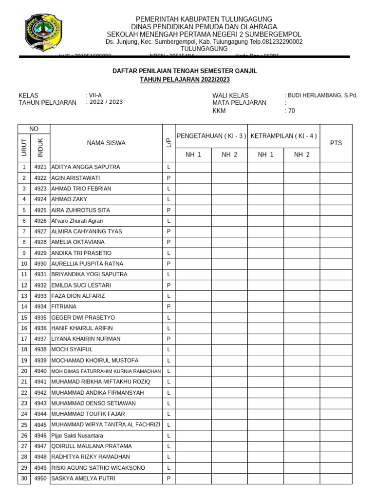 Daftar Nilai PTS KLS 7 BR | PDF