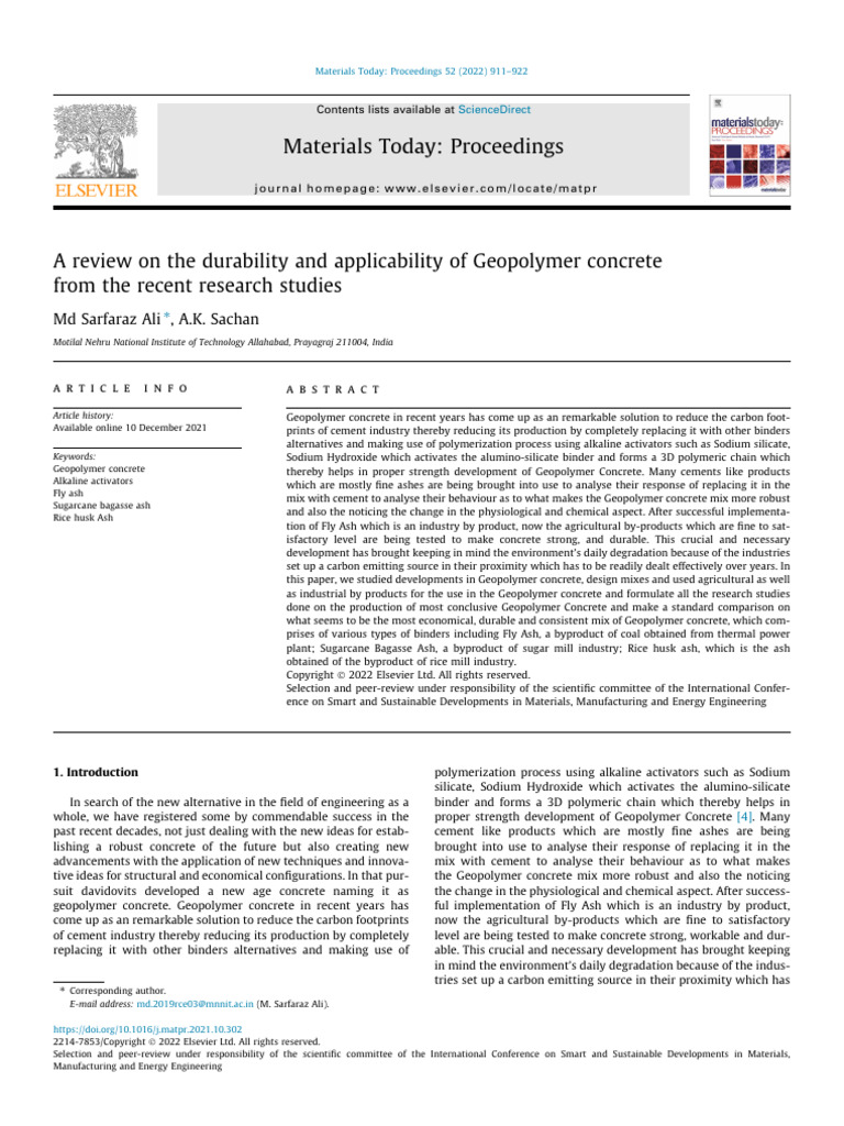 A Review On The Durability and Applicability of Geopolymer Concrete From The Recent Research ...