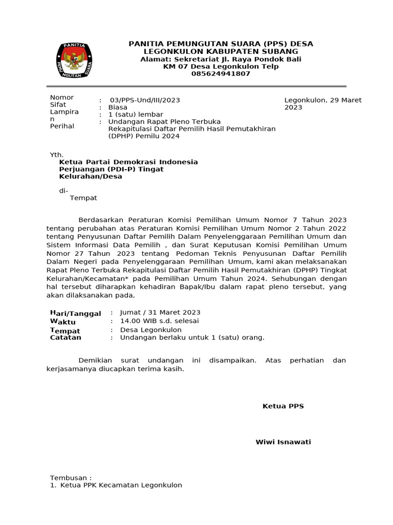 Undangan Rapat Pleno DPHP Pemilu 2024 | PDF