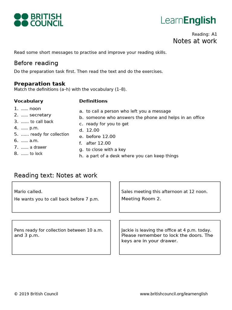LearnEnglish Reading A1 Notes at Work | PDF | Career & Growth ...