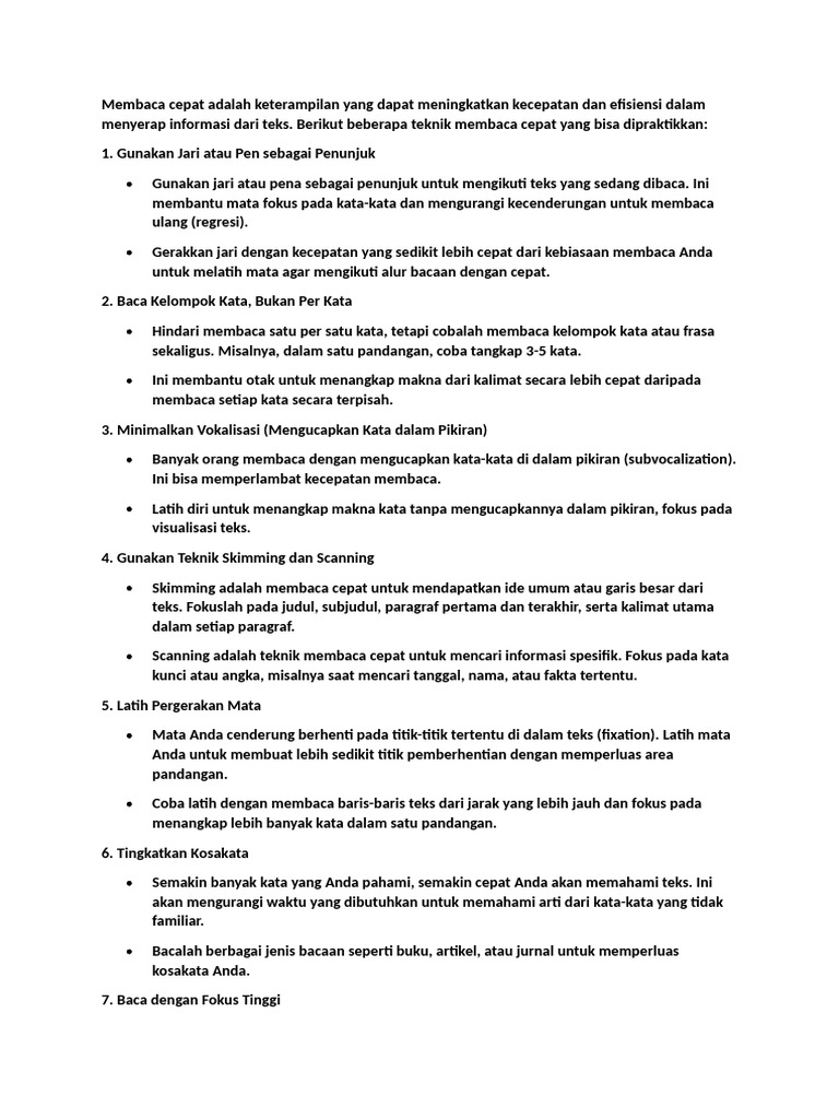 10 Teknik Membaca Cepat Efektif | PDF