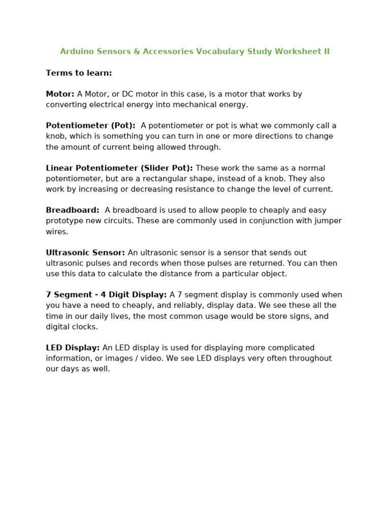 Arduino Sensors & Accessories Vocabulary Worksheet | PDF