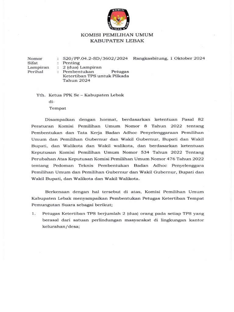 520 Pembentukan Petugas Ketertiban TPS Untuk Ilkada Tahun 2024 | PDF