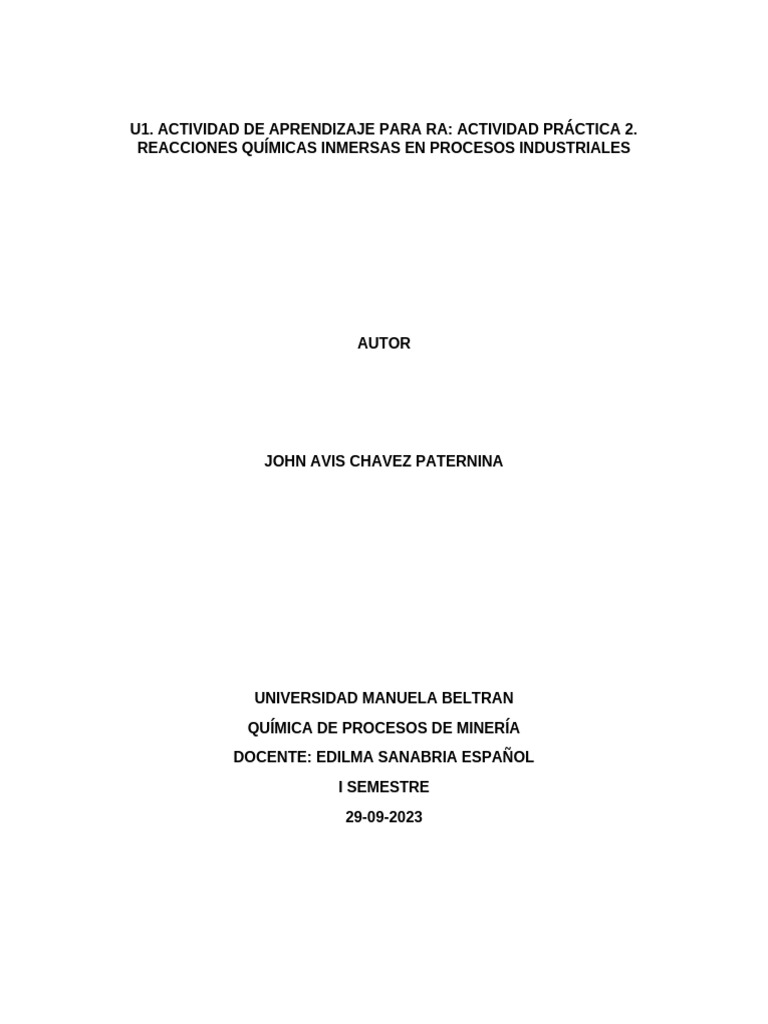 U1 Actividad de Aprendizaje para Ra Actividad Práctica 2 Reacciones Químicas Inmersas en ...