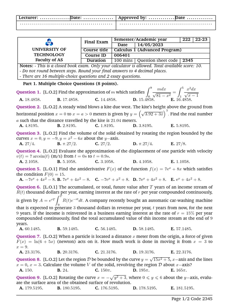 Final Exam Cal1 222 2345 | PDF | Mathematics | Mathematical Analysis
