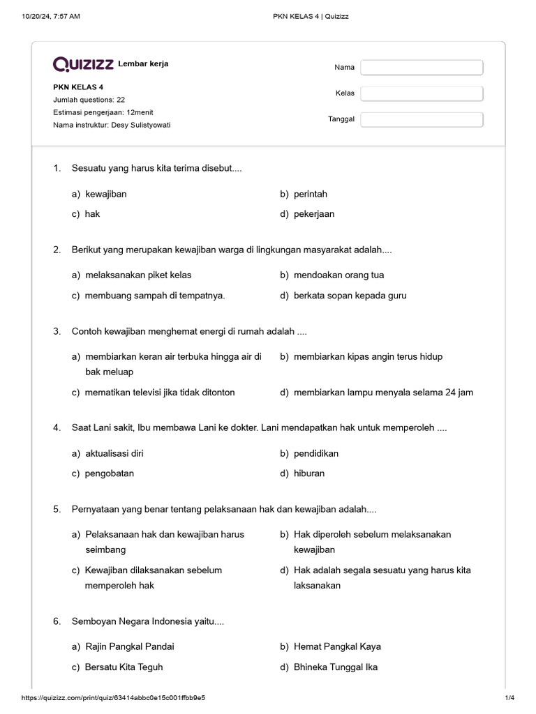 PKN KELAS 4 - Quizizz | PDF