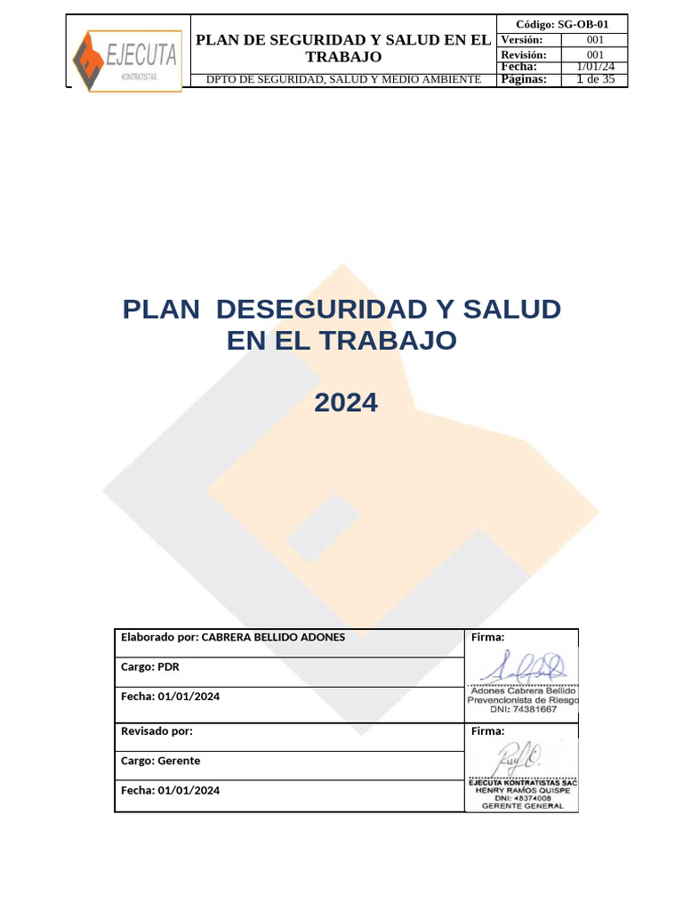 Plan de Seguridad, Salud en El Trabajo y Medio Ambiente - Ejecuta Kontratistas s.a.c. (1) | PDF ...