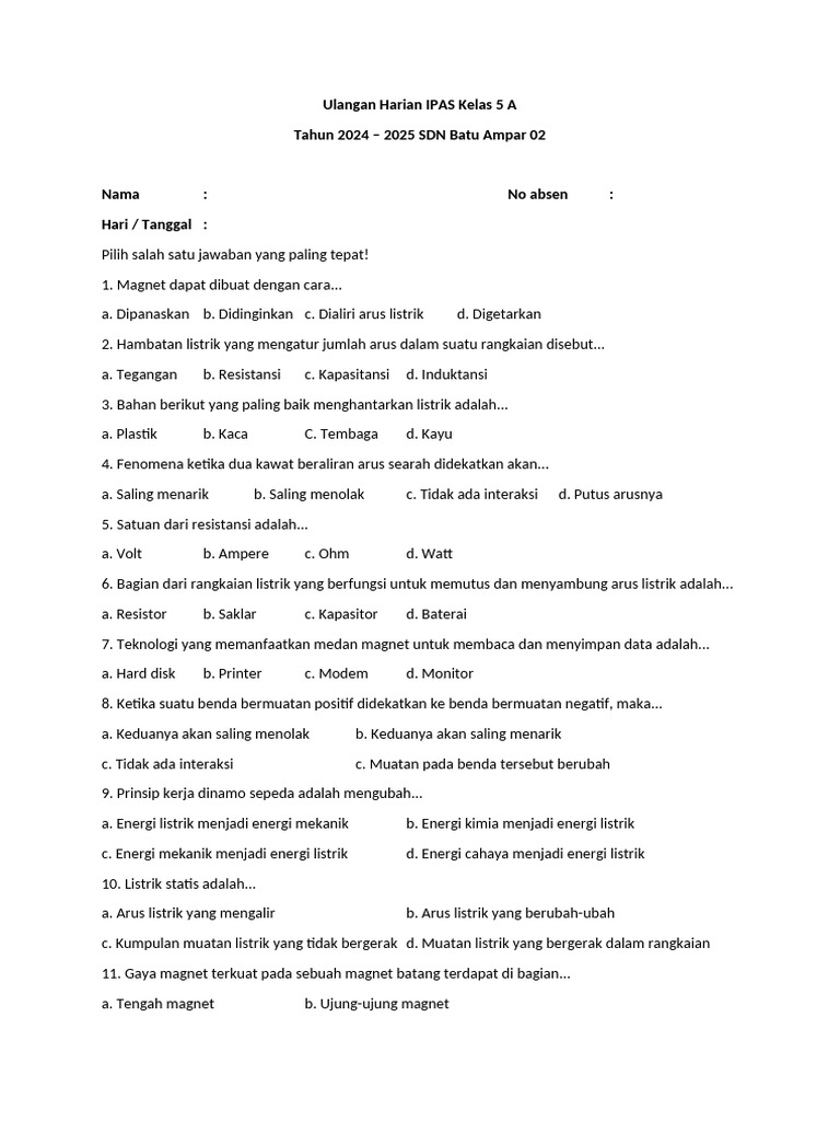 Ulangan Harian IPAS Kelas 5 A | PDF