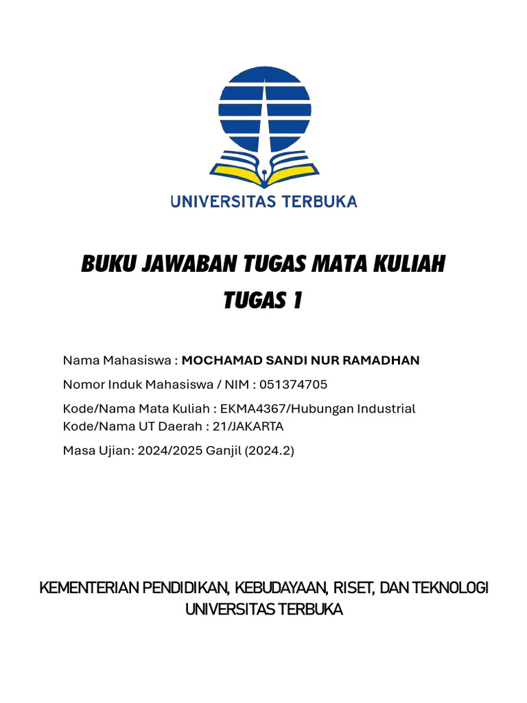 Buku Jawaban Tugas Mata Kuliah Tugas 1: Kementerian Pendidikan, Kebudayaan, Riset, Dan Teknologi ...