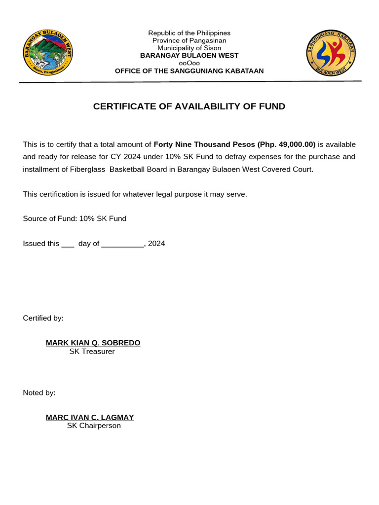 Certificate of Availability of Fund | PDF