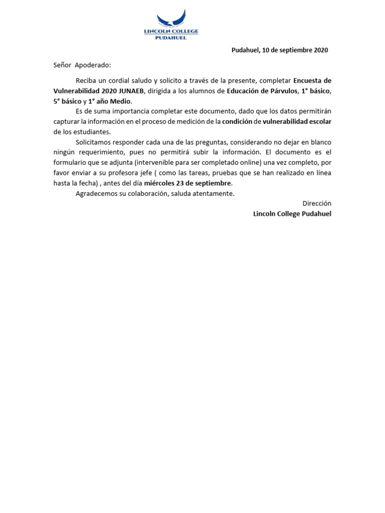 Comunicación Apoderado Encuesta Junaeb. | PDF