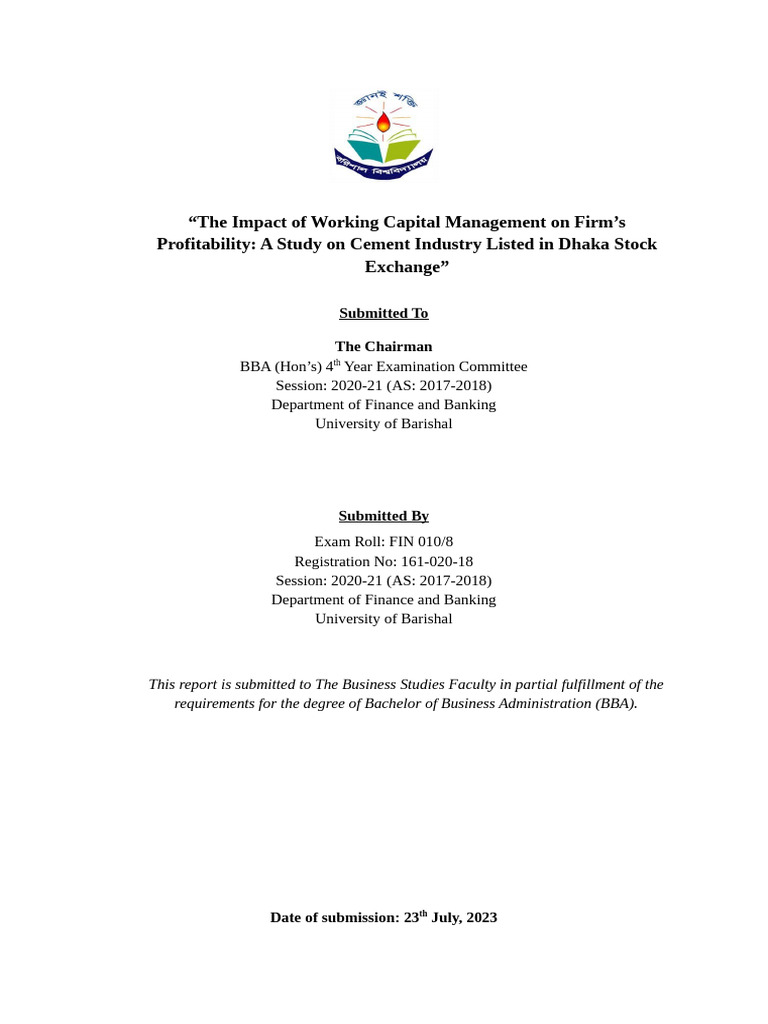 18 FIN 020 (Internship Report) | PDF | Working Capital | Methodology
