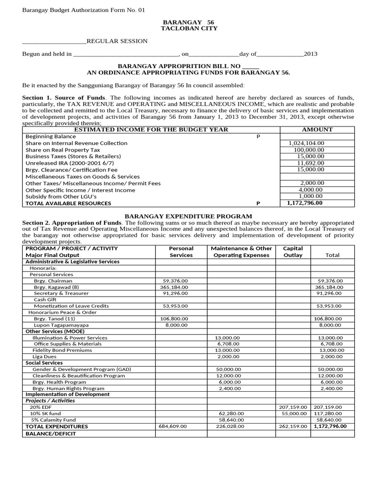 Barangay Budget Authorization Form No 1 | PDF | Appropriations Bill ...