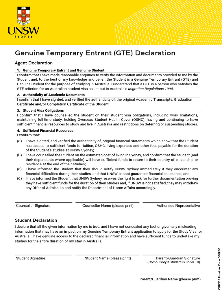 Genuine Temporary Entrant (GTE) Declaration v1 | PDF | Cost Of Living ...