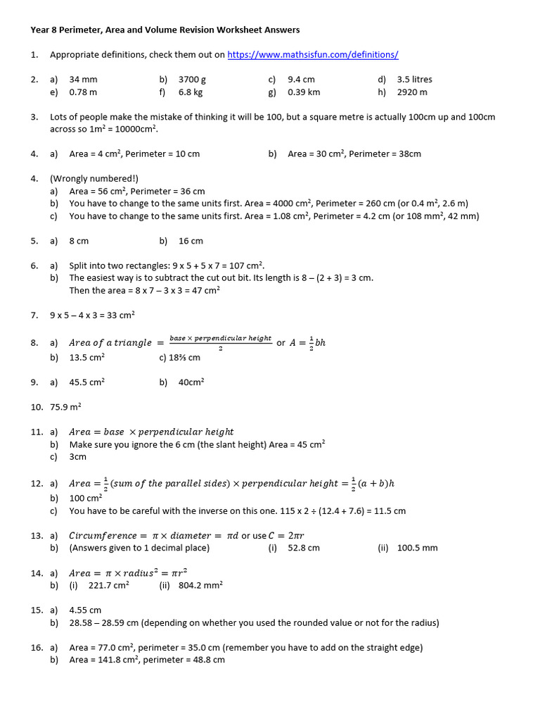 Yr8HomeLearningMaths-EOUPeriAreaVolAns | PDF | Area | Volume